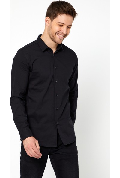 Tarz Cool Erkek Siyah Düz Slim Fit Gömlek-Dzgmlekkr01S