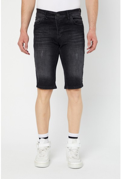 Tarz Cool Erkek Siyah Slim Fit Destroylu Kot Şort-Dnmsrtr0129