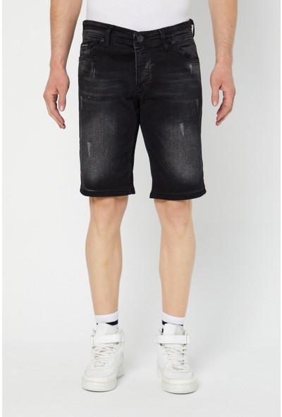 Tarz Cool Erkek Siyah Taşlı Slim Fit Destroylu Kot Şort-Dnmsrtr0229