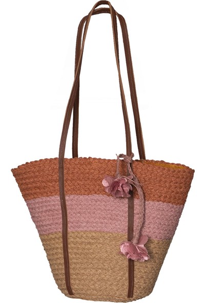 kavshak Çok Renkli Hasır Dokulu Çift Askılı Kadın Plaj Çantası