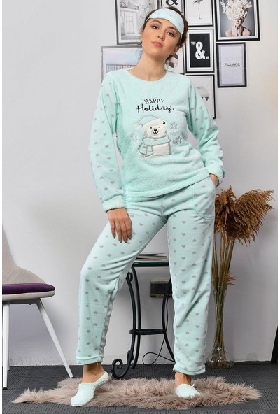 Pijamoni Ayı Baskılı Kalp Desenli Polar Kadın Pijama Takımı 4120 Yeşil Yeşil - L