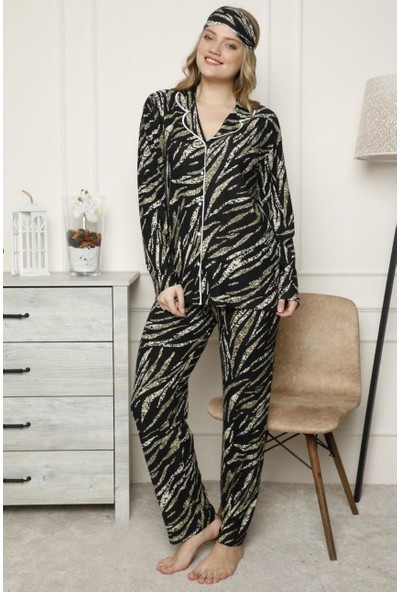 Manolya Desenli Önden Düğmeli Kadın Pijama Takımı 2453 Siyah Siyah - Xl