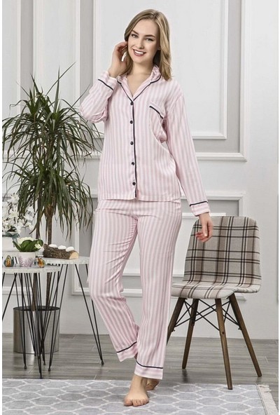 Manolya Pembe Dikey Çizgili Pijama 2414-1 Pembe Pembe - L