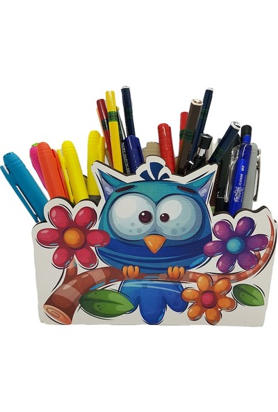 Ahşap Sevimli Baykuş Masaüstü Kalemlik ve Organizer