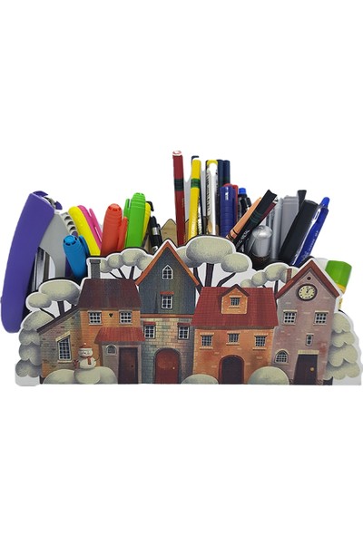 Ahşap Kış Evleri Masaüstü Kalemlik ve Organizer