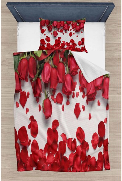Osso Kırmızı Güller Yapraklar Desenli Yatak Örtüsü Tek Kişilik Pike Takımı