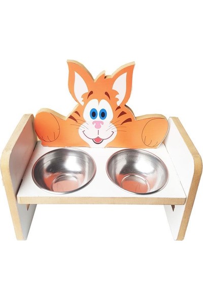 Woody Life Woodylife Tavşan Desenli Yüksekliği Ayarlanabilen Kedi ve Köpek Mama ve Su Kabı Çelik Kaseli Tamamen Ahşap Montessori