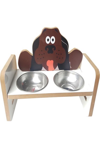 Woody Life Woodylife Koyu Kahverengi Köpek Desenli Yüksekliği Ayarlanabilen Kedi ve Köpek Mama ve Su Kabı Çelik Kaseli Tamamen Ahşap Montessori