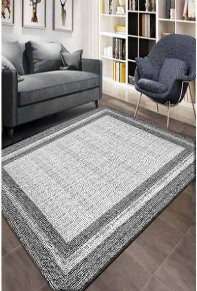 Osso Gri Siyah Çizgili Jüt Görünümlü 3D Desenli Lastikli Halı Örtüsü Halı Kılıfı