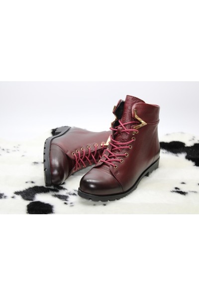 Mary Jane Deri Düz Taban Altın Toka Detaylı Fermuarlı Bağcıklı Bot Bordo