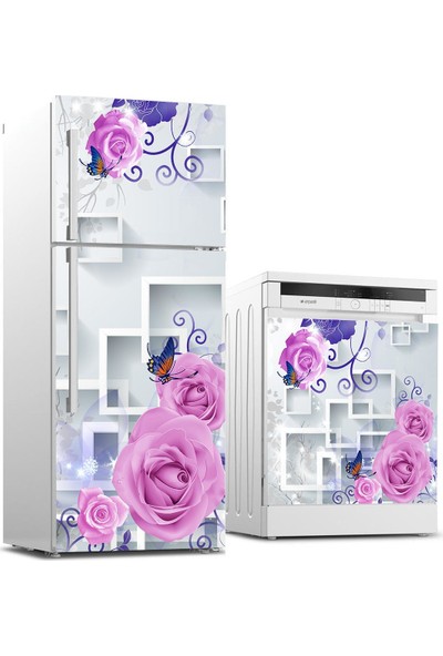 Jasmin2020 Buzdolabı ve Bulaşık Makinası Sticker Kaplama Etiketi Mor Gül ve Çiçekler