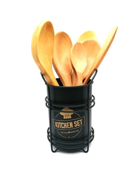 Elegancev Siyah Metal Standlı Ahşap Kepçe Kaşık Spatula Servis Seti 7 Parça Elegancev Siyah Metal Standlı Ahşap Kepçe Kaşık Spatula Servis Seti 7 Parça