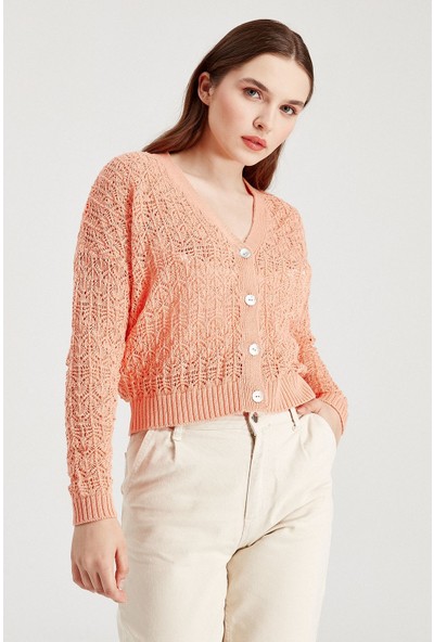 Sherin Kadın Somon Ajurlu Uzun Kollu Düğmeli Triko Hırka SWC4132SO