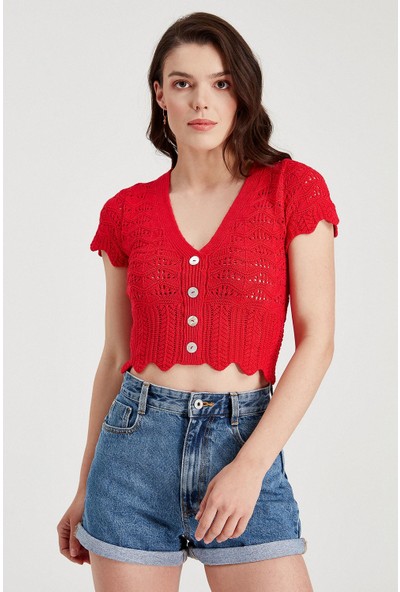 Sherin Kadın Kırmızı Ajurlu Kısa Kollu Düğmeli V Yakalı Triko Hırka SWC4135KR
