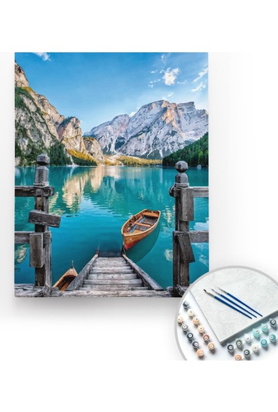 Bir Kutu Sanat Göl Manzarası - Tuval Üzerine Sayılarla Boyama 40 x 50 cm Kasnaklı