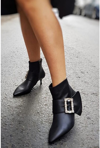 Trendytopuk Siyah Hakiki Deri Taşlı Bootie - Aısa