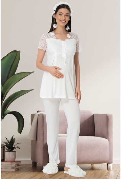 Mecit Pijama Mecit 5422 Ekru Dantel Kol Lohusa Pijama Takımı Mecit Pijama Mecit 5422 Ekru Dantel Kol Lohusa Pijama Takımı