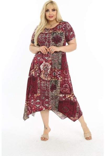 Hera XL Kadın Bordo Asimetrik Kesim Etnik Desenli Elbise
