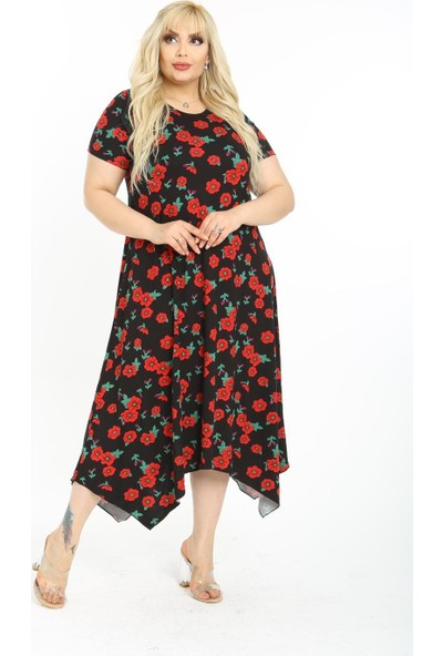 Hera XL Kadın Siyah Asimetrik Kesim Gelincik Desenli Kısa Kollu Viskon Büyük Beden Elbise