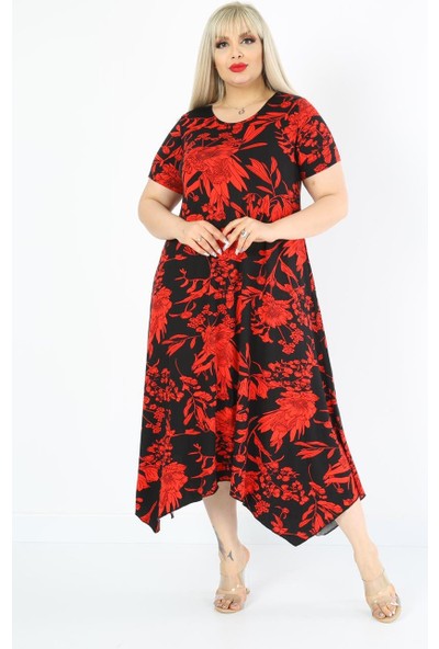 Hera XL Kadın Siyah Asimetrik Kesim Kırmızı Çiçekli Elbise