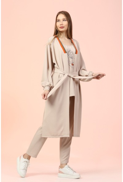 mibapazar Turuncu Şerit Detaylı Belden Bağlamalı Takım mibapazar Turuncu Şerit Detaylı Belden Bağlamalı Takım