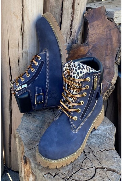 Tria Polo Kadın Deri Trekking Bot Leopar Desenli Lacivert