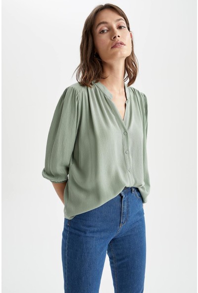 Defacto V Yaka Pile Detaylı Yarım Kollu Bluz U3270AZ21SM