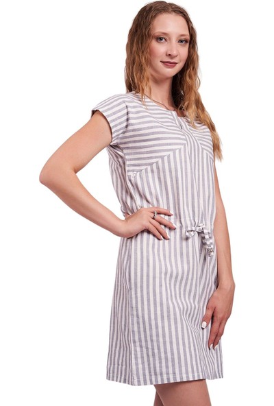 Çizgili Keten Yazlık Astarlı Emzirme Elbisesi, Tünel Kemer ve Yan Cep Detayı Ile, Beyaz Mavi Çizgili