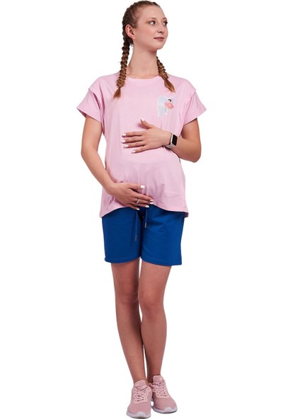 Mamma Lattes 2li Şortlu Lohusa Takımı Emzirme Tişörtü Baskılı Pembe ve Şort Mavi Mamma Lattes 2li Şortlu Lohusa Takımı Emzirme Tişörtü Baskılı Pembe ve Şort Mavi