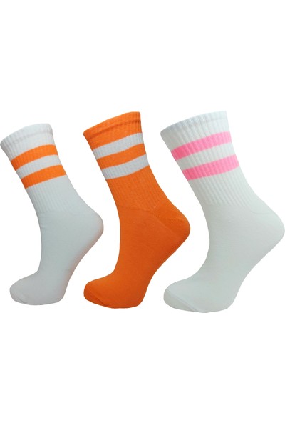 Lara Çorap 3'lü Turuncu ve Pembe Şeritli Soket Çorap