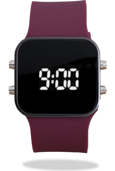 Saattino Bordo Renk Siyah Kasa Silikon Kordonlu Dijital Unisex Kadın Kol Saati ST-303951