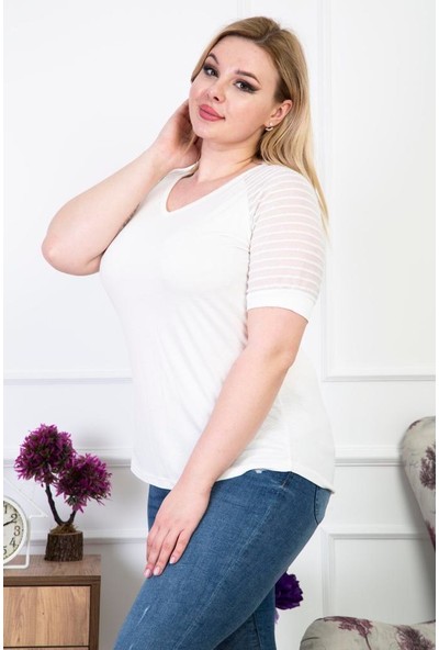 Ebsumu Kadın Büyük Beden Omuz Püskül Detay V Yaka Beyaz Bluz