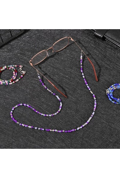 Platin Hediyelik Kadın Mor Karışık Kum Boncuklu Güneş Gözlüğü - Gözlük Ipi Askısı Aksesuarı