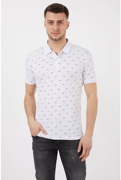 Tricko Beyaz Renk Kuş Desenli Polo Yaka Erkek Tişört Tricko Beyaz Renk Kuş Desenli Polo Yaka Erkek Tişört
