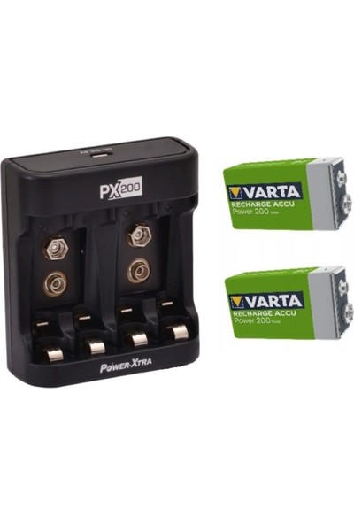 Power-Xtra PX200 Pil Şarj Cihazı + 2 Adet Varta 56722 Şarjlı 9 V Pil