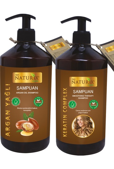 Naturix 2'li Tuzsuz Argan Yağlı Şampuan + Keratin Şampuan 600 ml Bitkisel Şampuan Paraben Içermez Naturix 2'li Tuzsuz Argan Yağlı Şampuan + Keratin Şampuan 600 ml Bitkisel Şampuan Paraben Içermez