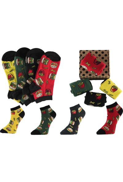Fora Butik Unisex Hamburger Desenli Patik Çorap 4'lü Fora Butik Unisex Hamburger Desenli Patik Çorap 4'lü