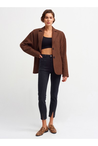 Dilvin 4244 Önü Yırtmaçlı Likralı Mom Pantolon-Siyah