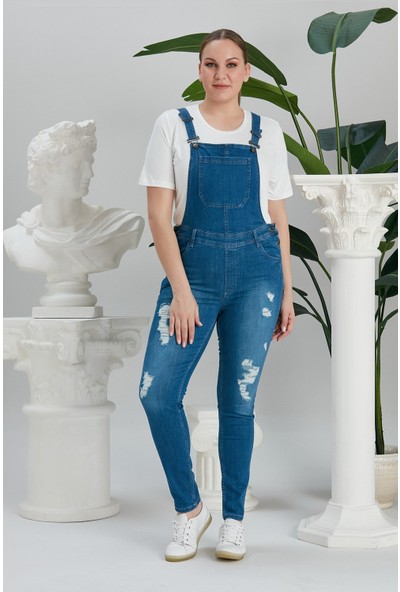 Rmg Yırtık Detaylı Büyük Beden Mavi Salopet