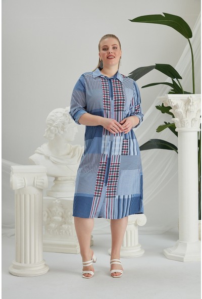 Rmg Geometrik Desenli Büyük Beden Mavi Elbise