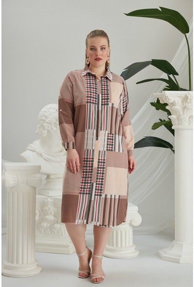 Rmg Geometrik Desenli Büyük Beden Vizon Elbise