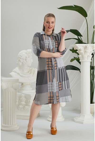 Rmg Geometrik Desenli Büyük Beden Gri Elbise