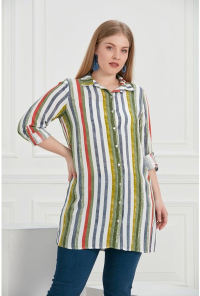 Rmg Çizgili Büyük Beden Uzun Haki Gömlek