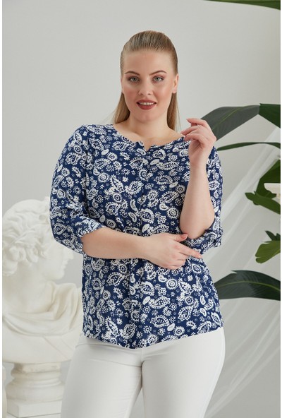 Rmg Çiçek Desenli Hakim Yaka Büyük Beden Lacivert Gömlek