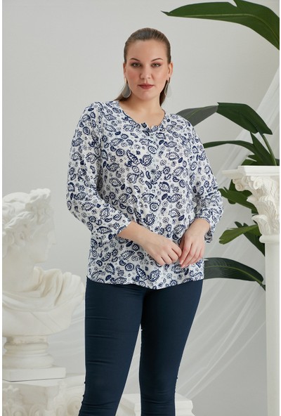 Rmg Çiçek Desenli Hakim Yaka Büyük Beden Beyaz Gömlek Rmg Çiçek Desenli Hakim Yaka Büyük Beden Beyaz Gömlek