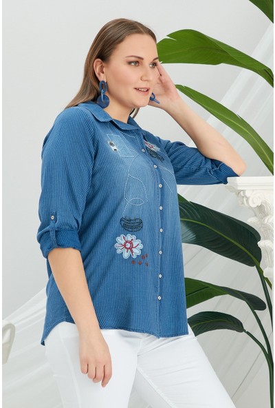 Rmg Nakış Aplike Işlemeli Büyük Beden Mavi Gömlek