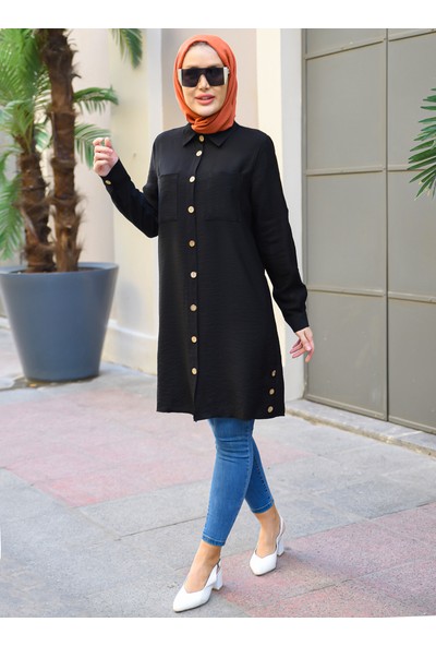 Yandan Üç Düğmeli Çift Cepli Gömlek Tunik - Siyah - Por La Cara