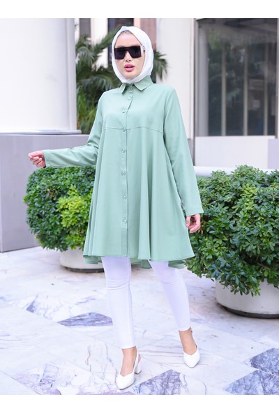 Önden Düğmeli Çan Etek Gömlek Tunik - Çağla - Por La Cara