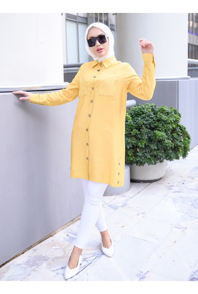 Yandan Üç Düğmeli Çift Cepli Gömlek Tunik - Hardal - Por La Cara