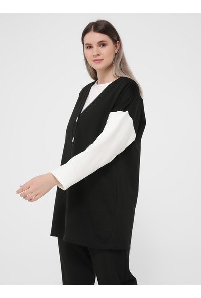 Büyük Beden Pamuklu Hırka - Siyah Ekru - Alia